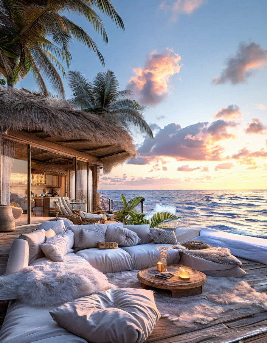 "Summer gentle sunset sea surf bungalows overlooking the sea bright ...
