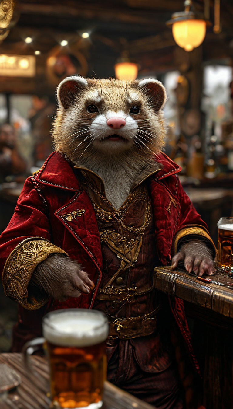 "Photorealism, hyperrealism, anthropomorphic pumped-up ferret man drunk ...