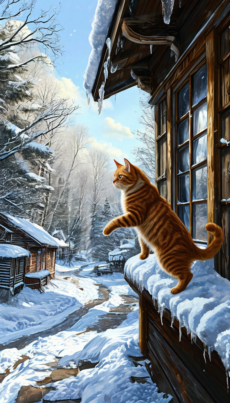 "The cat jumps out of the window into …" — image created in Shedevrum