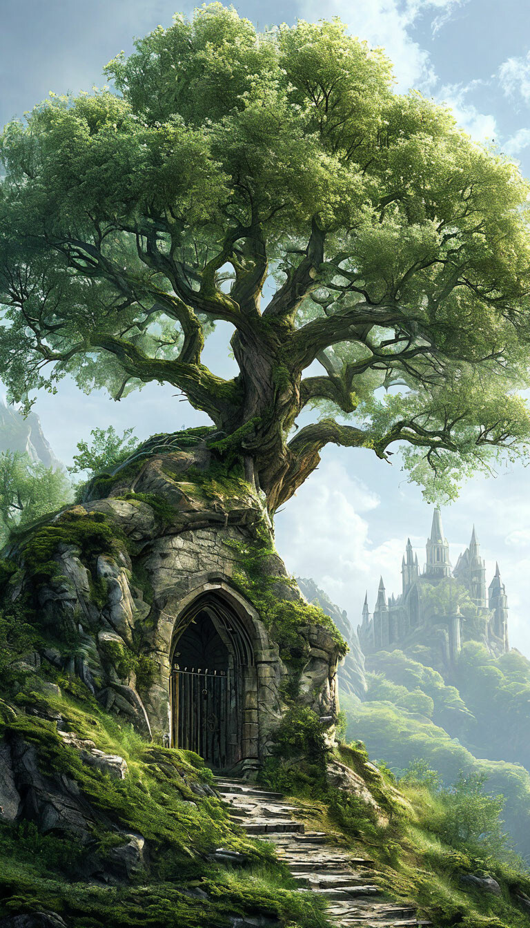 "Art, a large spreading oak tree on a …" — image created in Shedevrum