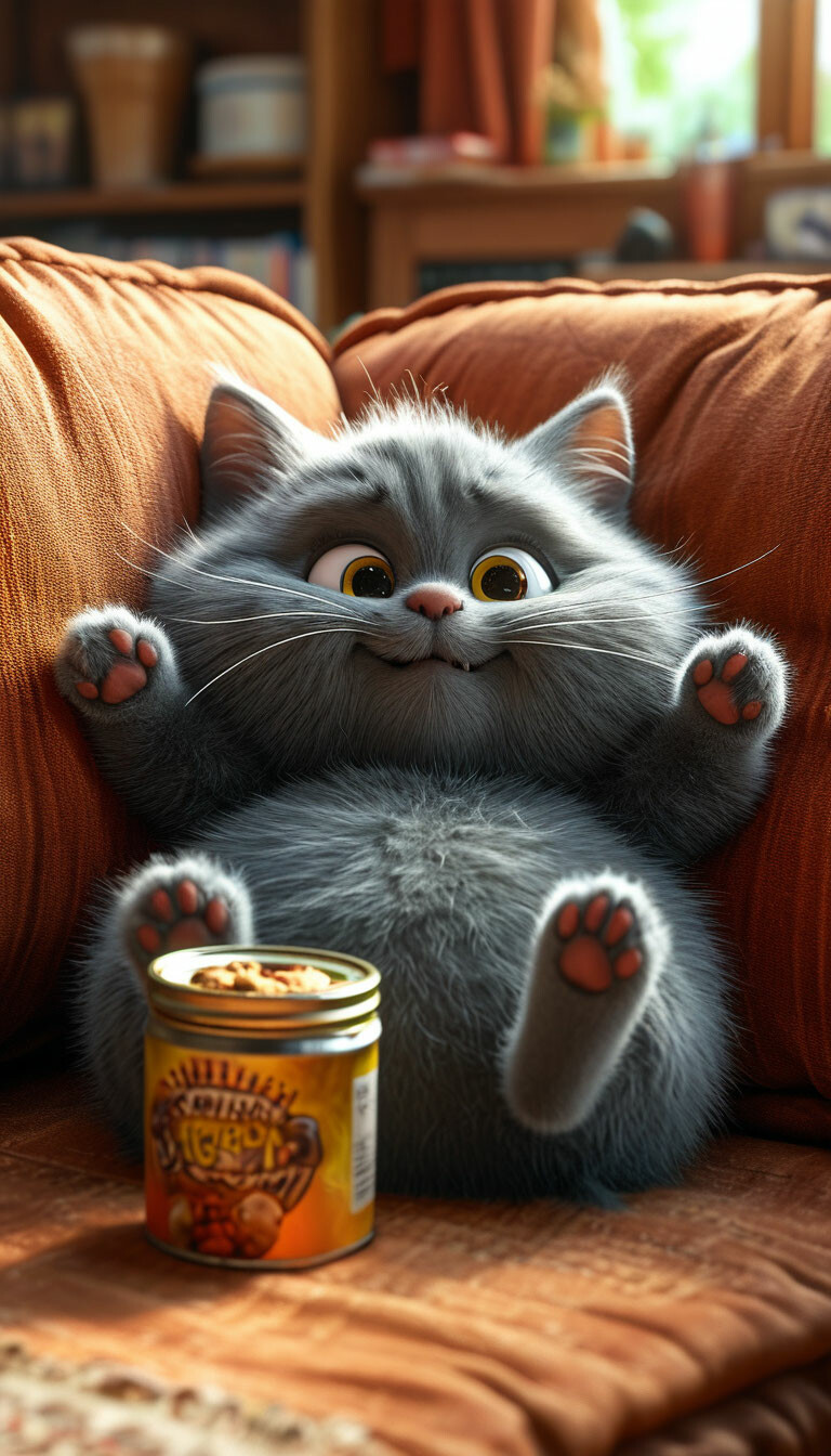 "Pixar Disney fat gray fluffy cat, …" — image created in Shedevrum