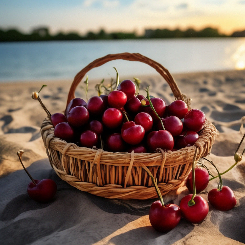 "Beach, cherry berries in a basket" — image created in Shedevrum