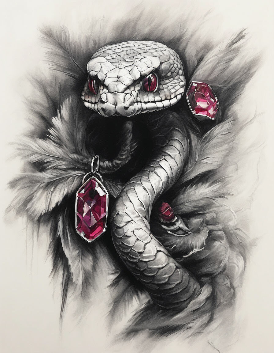 "Snake with ruby and feathers realism sketch" — image created in Shedevrum