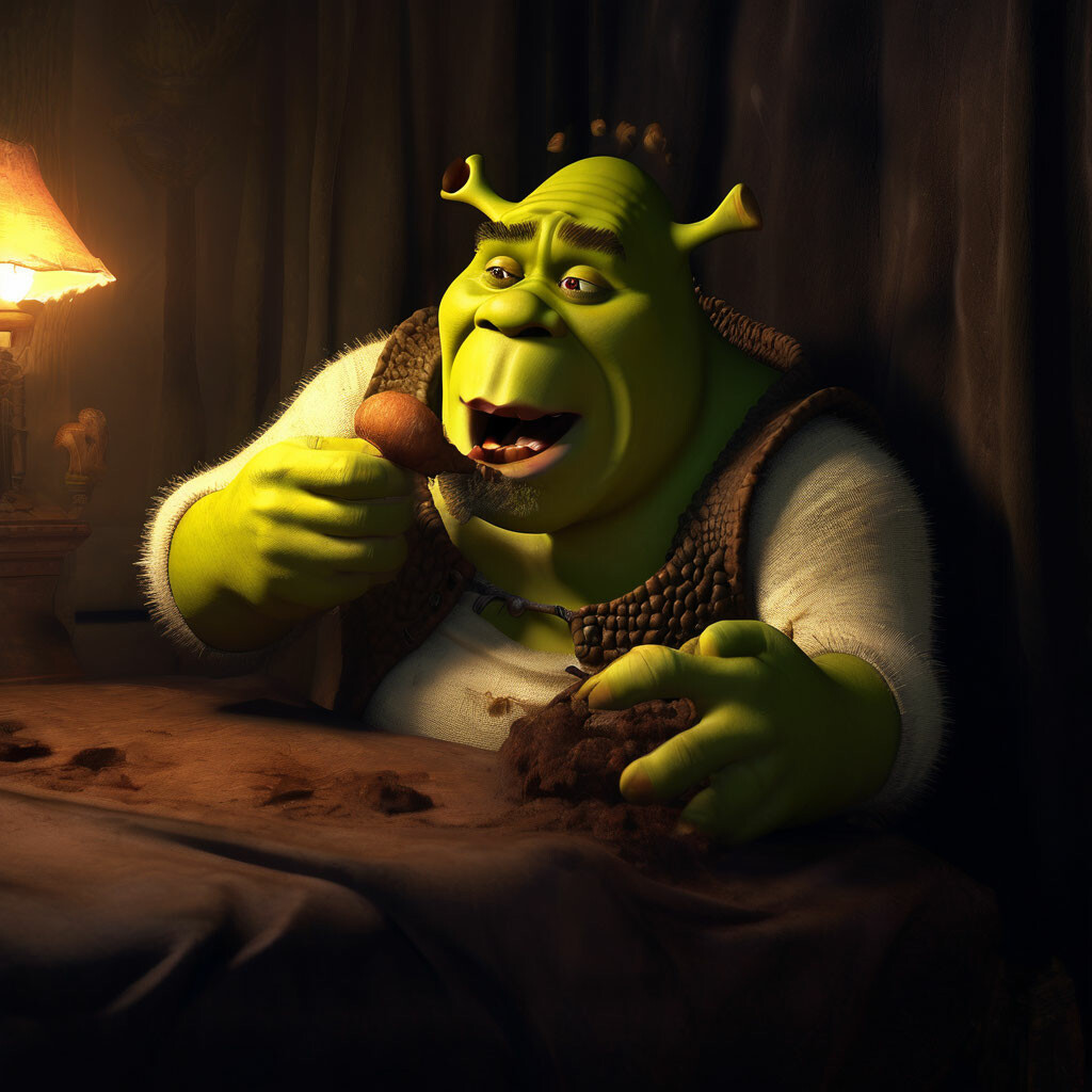 "Shrek is eating something brown while lying on an old bed" — image ...