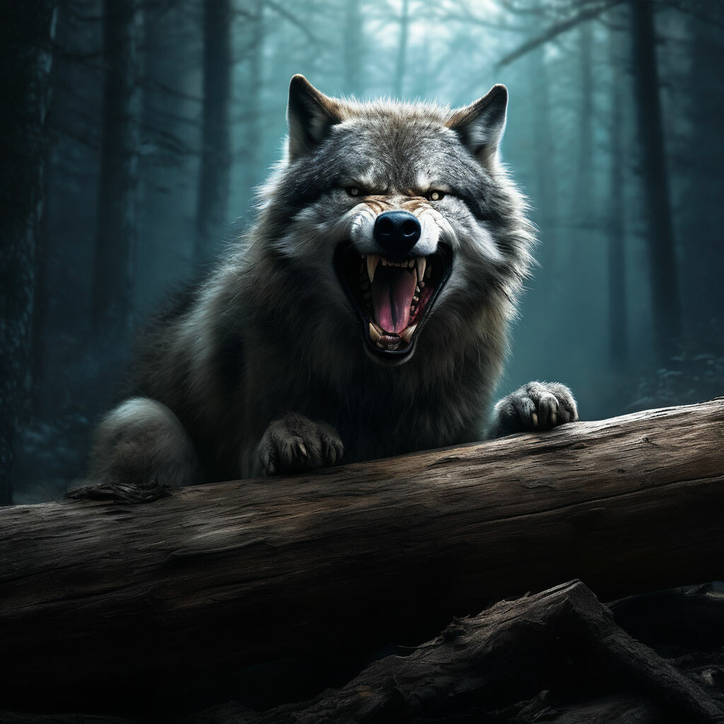 "The wolf's grin. Super realism, …" — image created in Shedevrum