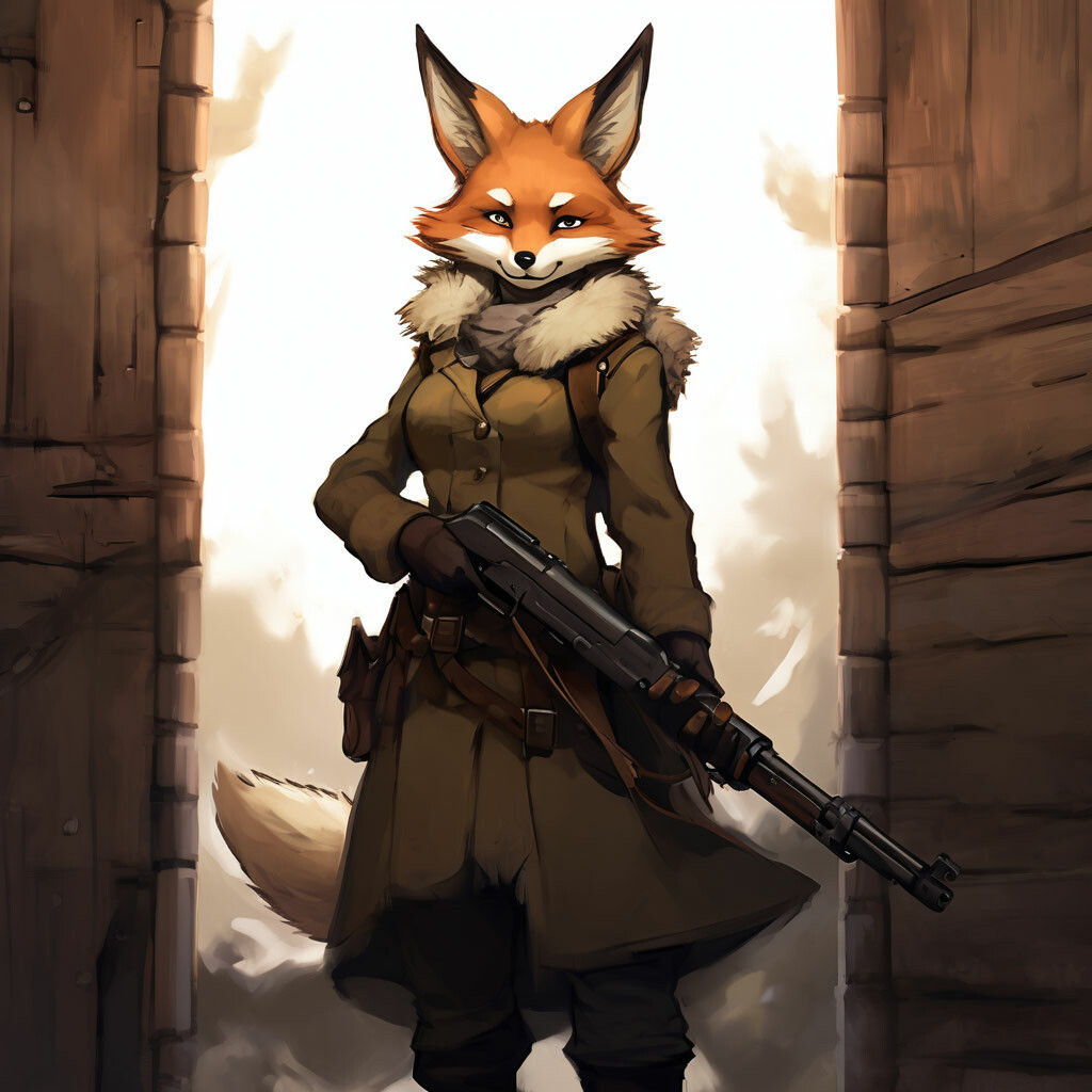 ""Guarding my wall." Furry anthropomorphic fox girl, big bust, holding ...