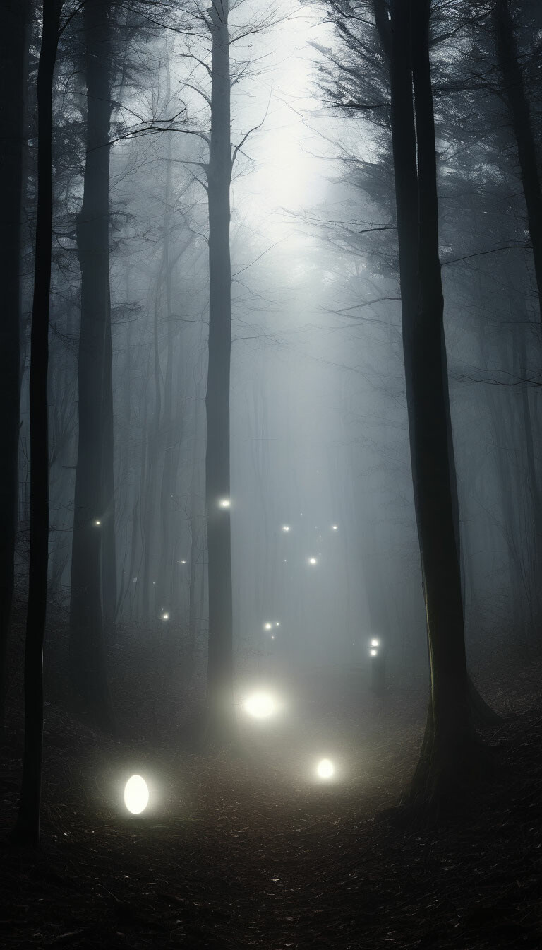 "Ghostly lights in the forest" — image created in Shedevrum