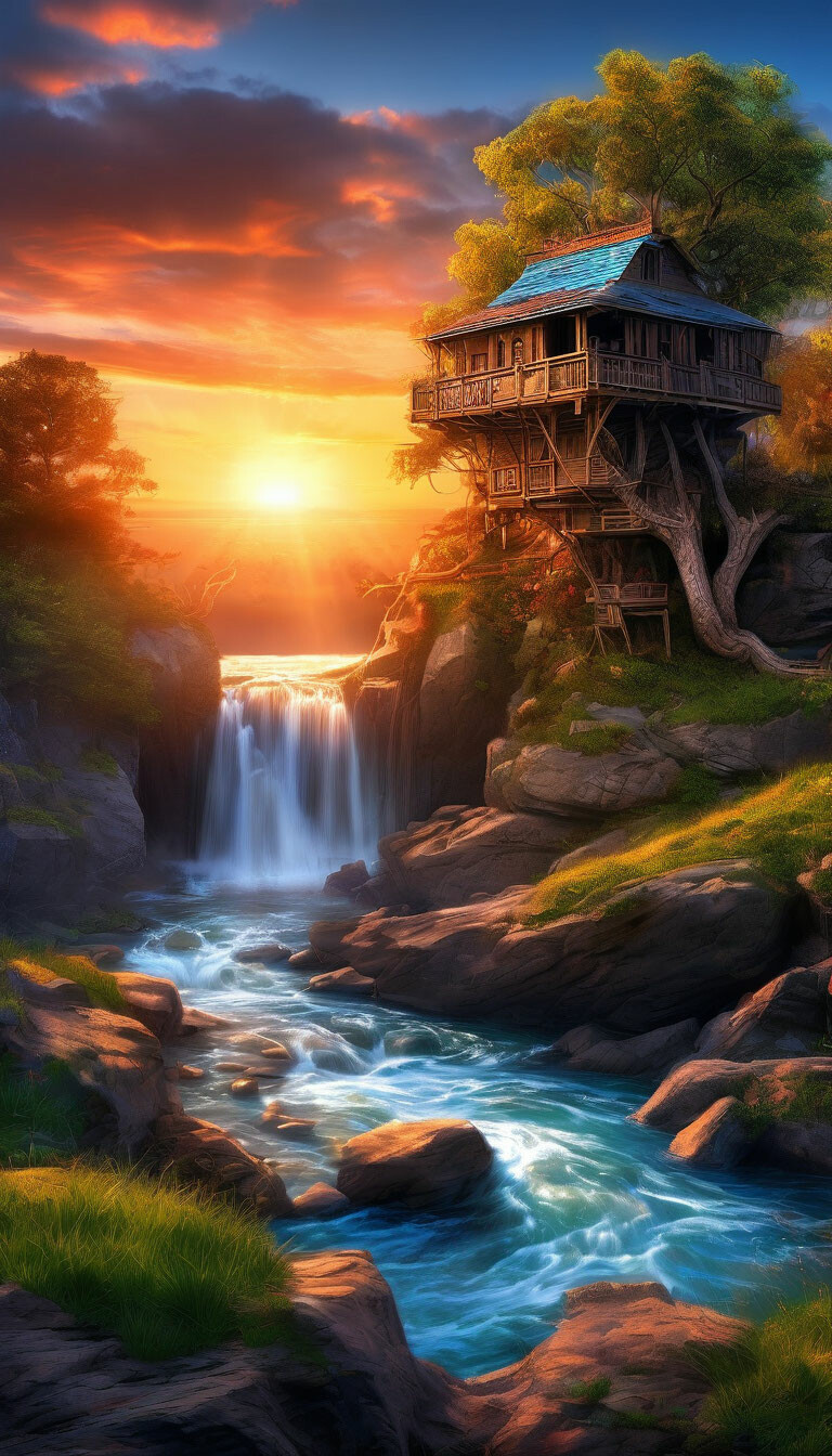 "High dynamic range painting, trees, rocks, waterfall, sea, tree house ...