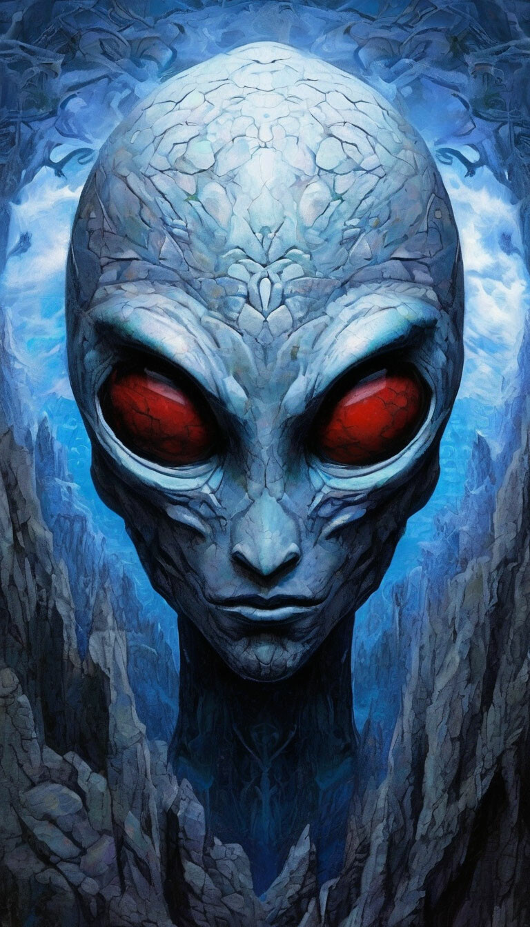 "Alien face with deep craquelure in …" — image created in Shedevrum