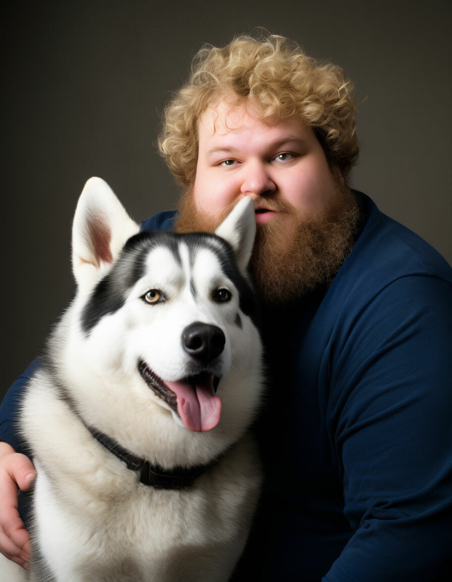 "A very fat man with short curly blond hair and a beard hugs his husky ...