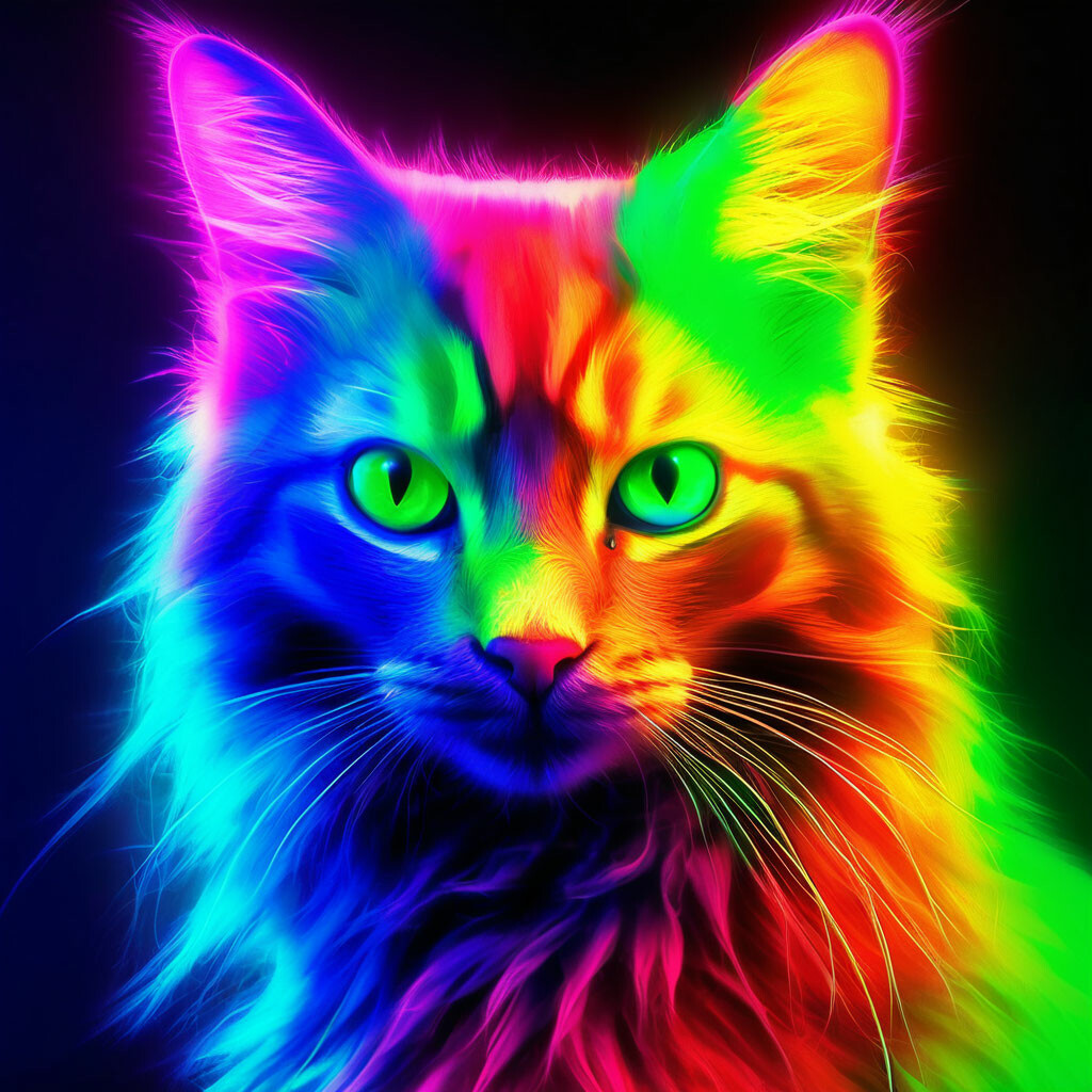 "Beautiful rainbow neon cat" — image created in Shedevrum