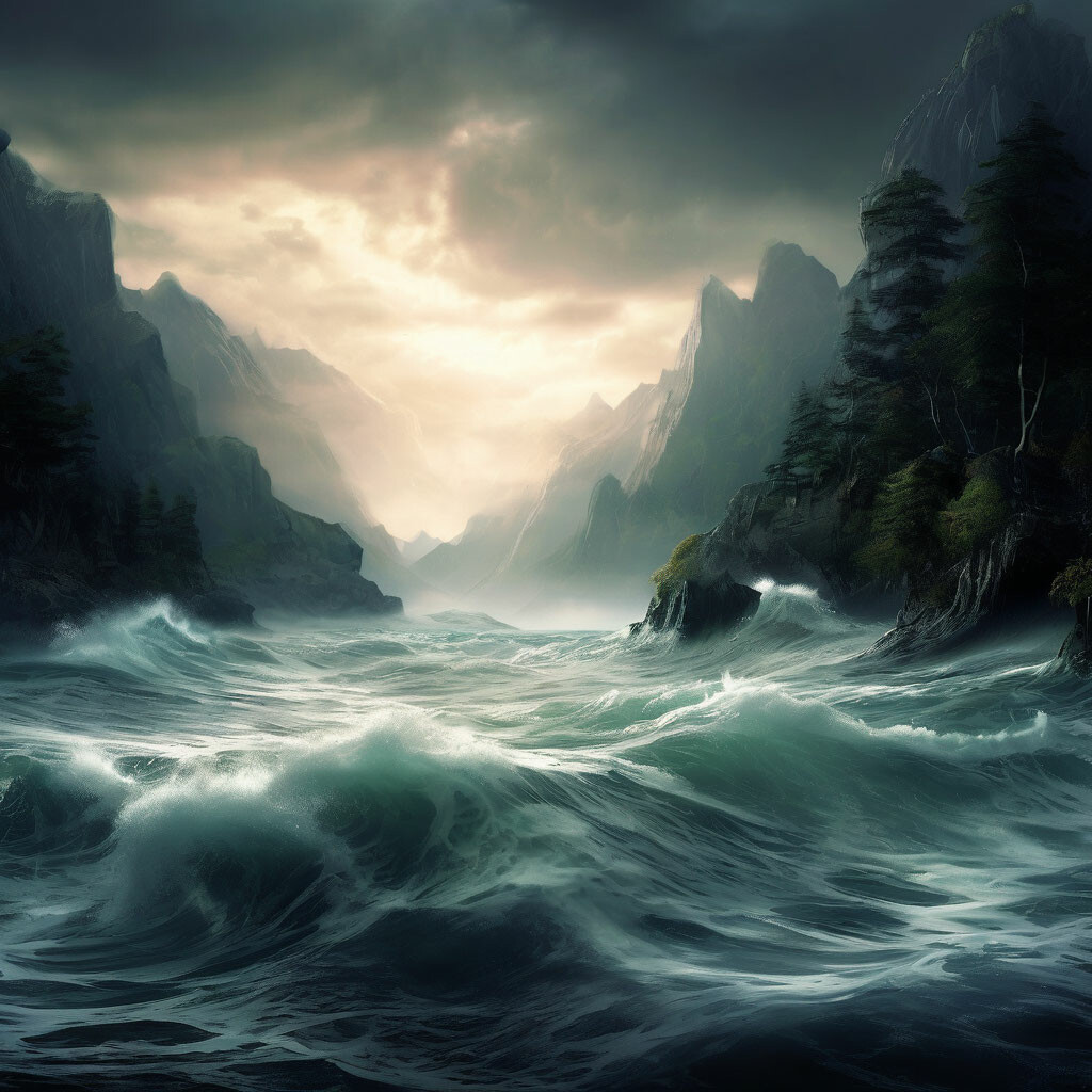 "The sea is raging, flooded mountains…" — image created in Shedevrum