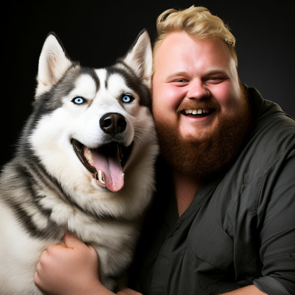 "Fat man, blond man with beard happy with husky" — image created in ...