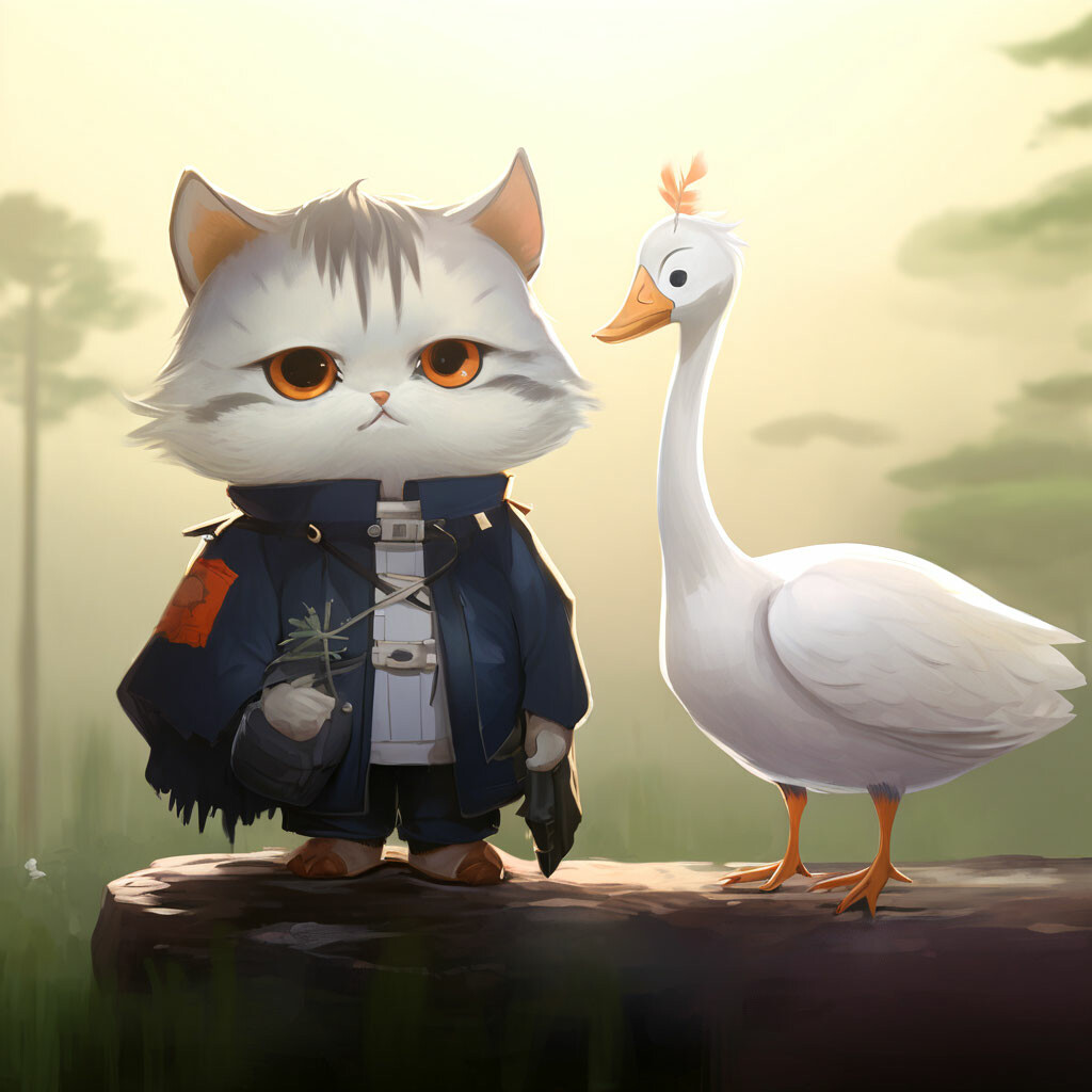 "Manul and the goose in anime style" — image created in Shedevrum