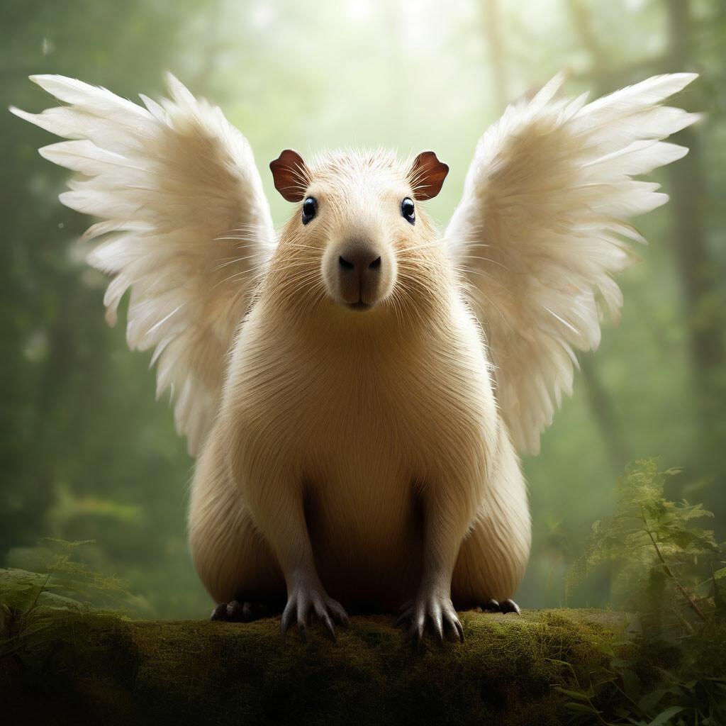 "Forest capybara with white wings, …" — image created in Shedevrum