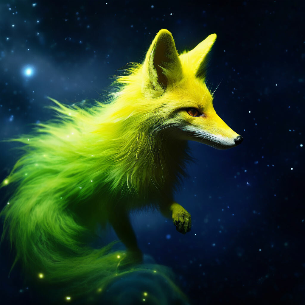 "A green fox with yellow spots with a dragon's tail flies through space ...
