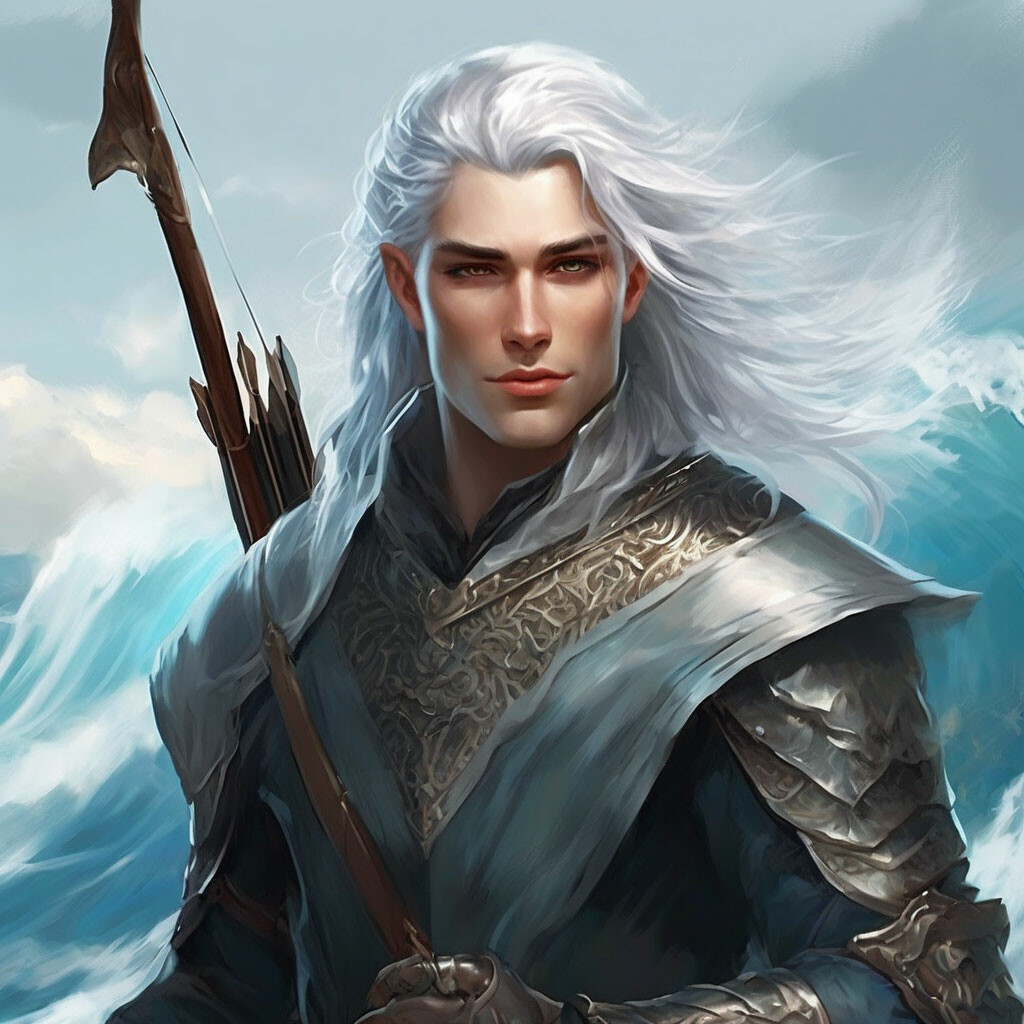 "Elf man with a bow on the crest of a …" — image created in Shedevrum