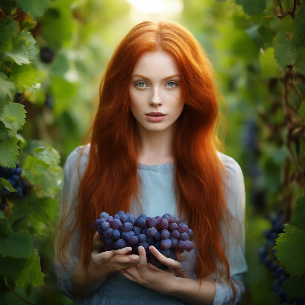 "A red-haired woman with straight hair is picking grapes" — image ...