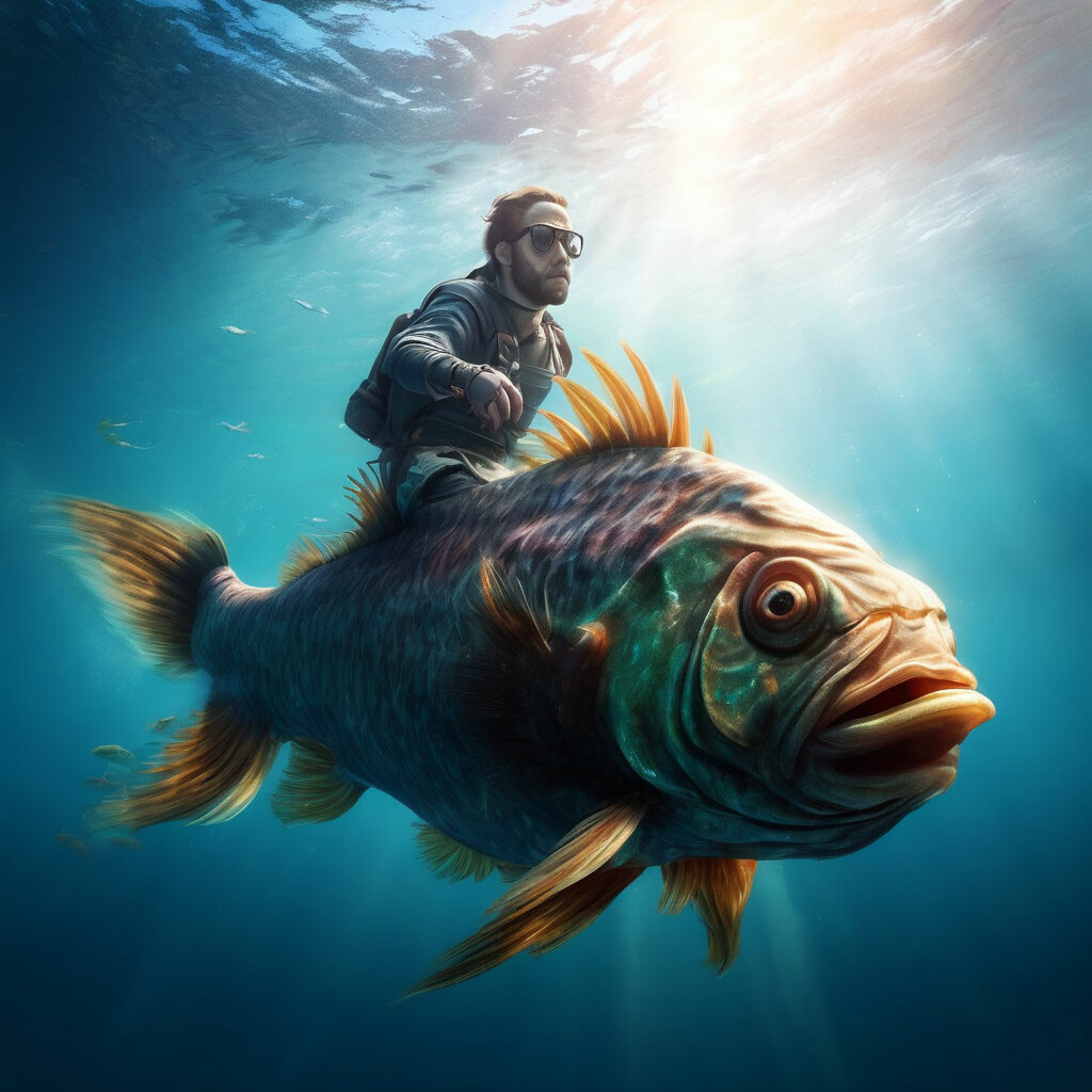 "A man riding a fish swims underwater , aesthetically pleasing ...