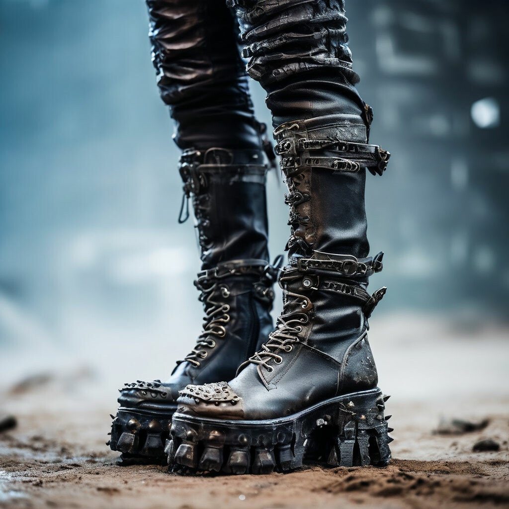 "Cyberpunk, post-apocalypse large high boots on a high platform with ...