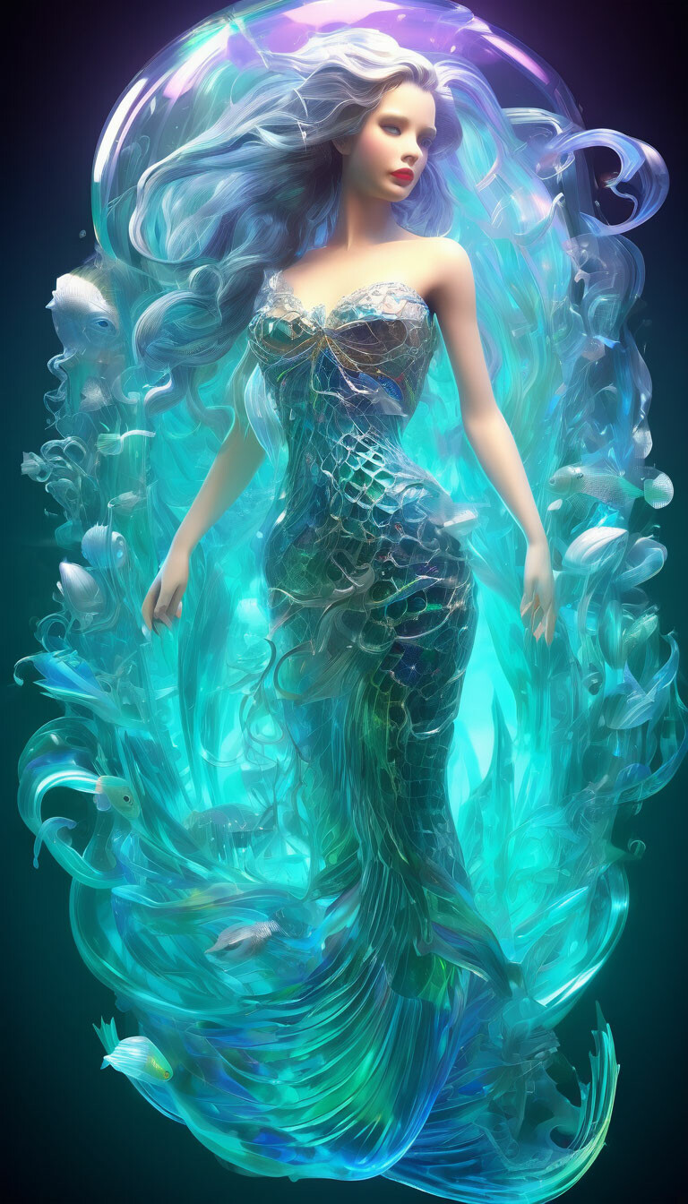 "3d, 16k, transparent glass body of a mermaid with a tail, framed by ...