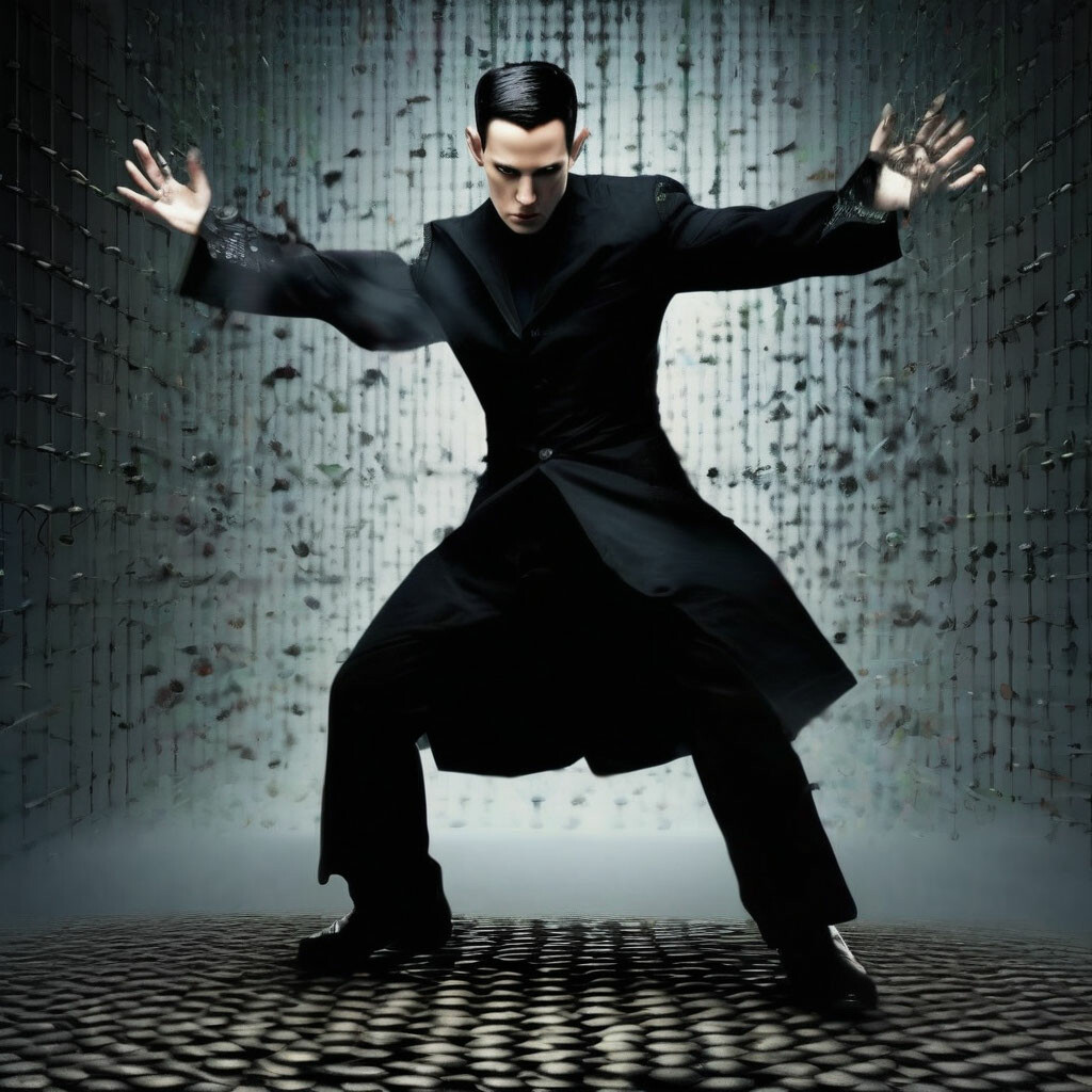 "Roundhouse kick "Matrix", Neo" — image created in Shedevrum