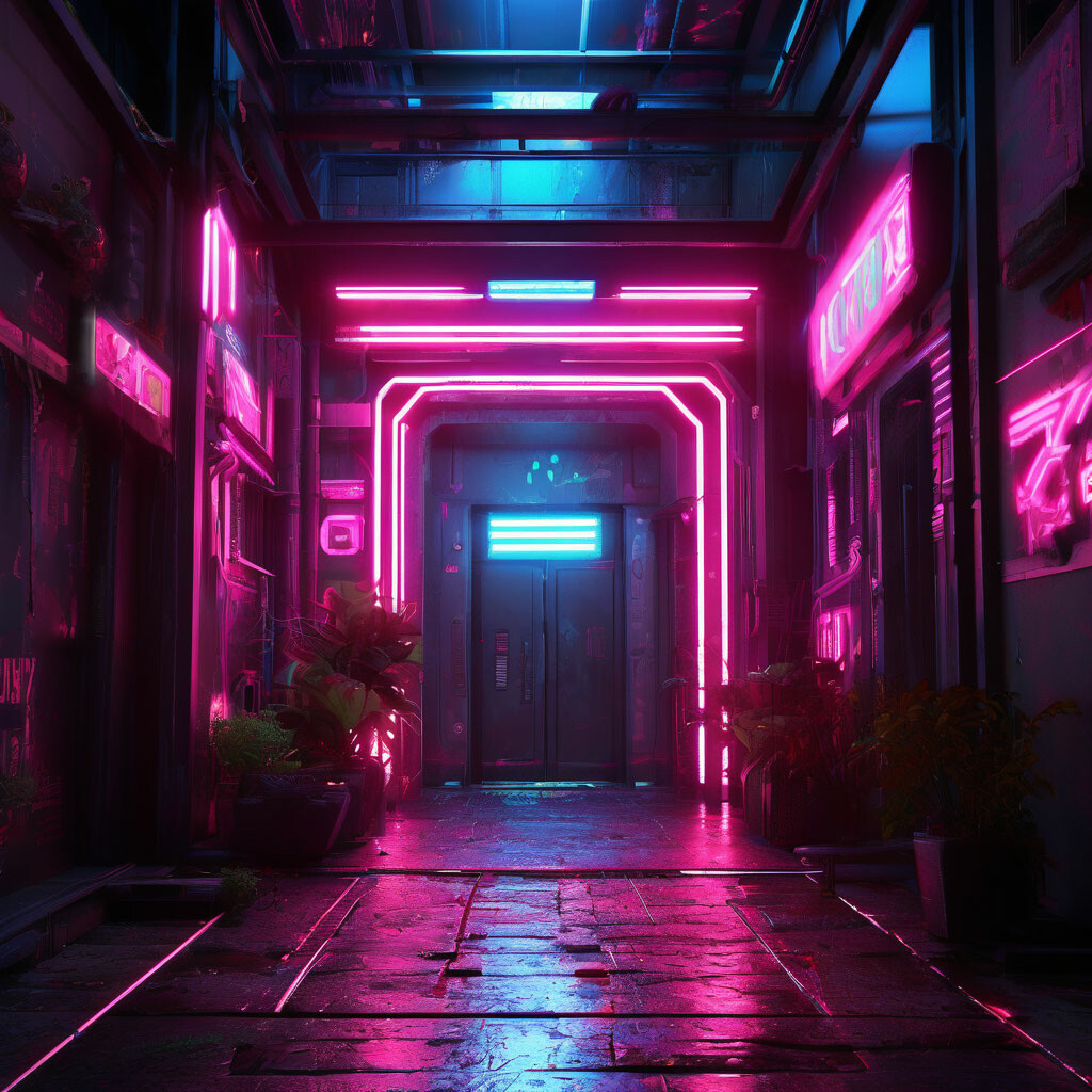 "Cyberpunk style entrance" — image created in Shedevrum