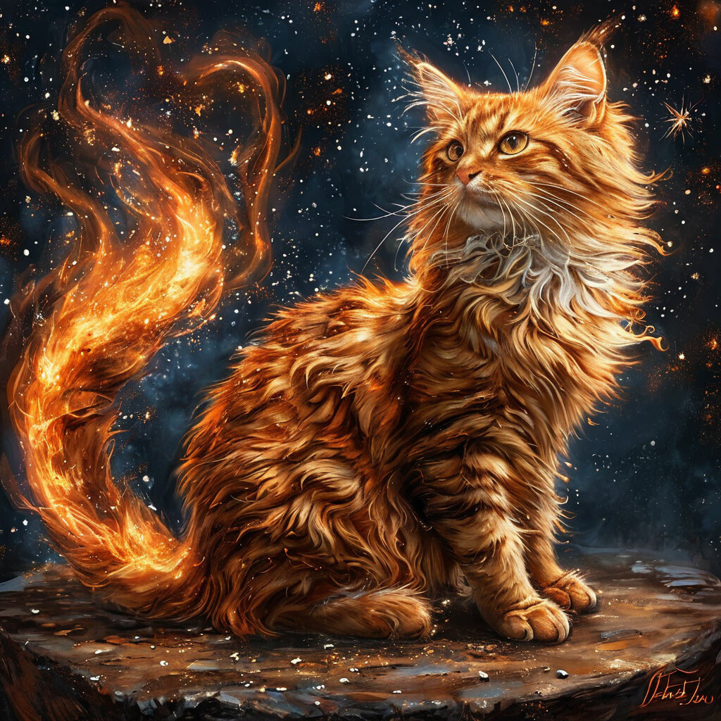 "Surrealism, fantasy art, a fiery cat …" — image created in Shedevrum