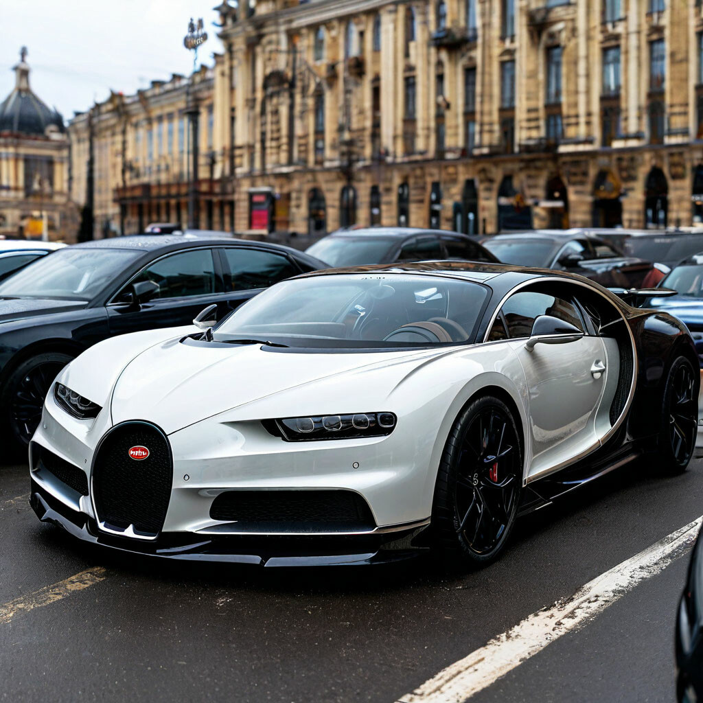 "White Bugatti Chiron in Moscow in the…" — image created in Shedevrum