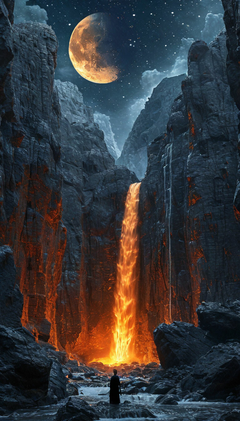 "A fiery waterfall in weightless rocks…" — image created in Shedevrum