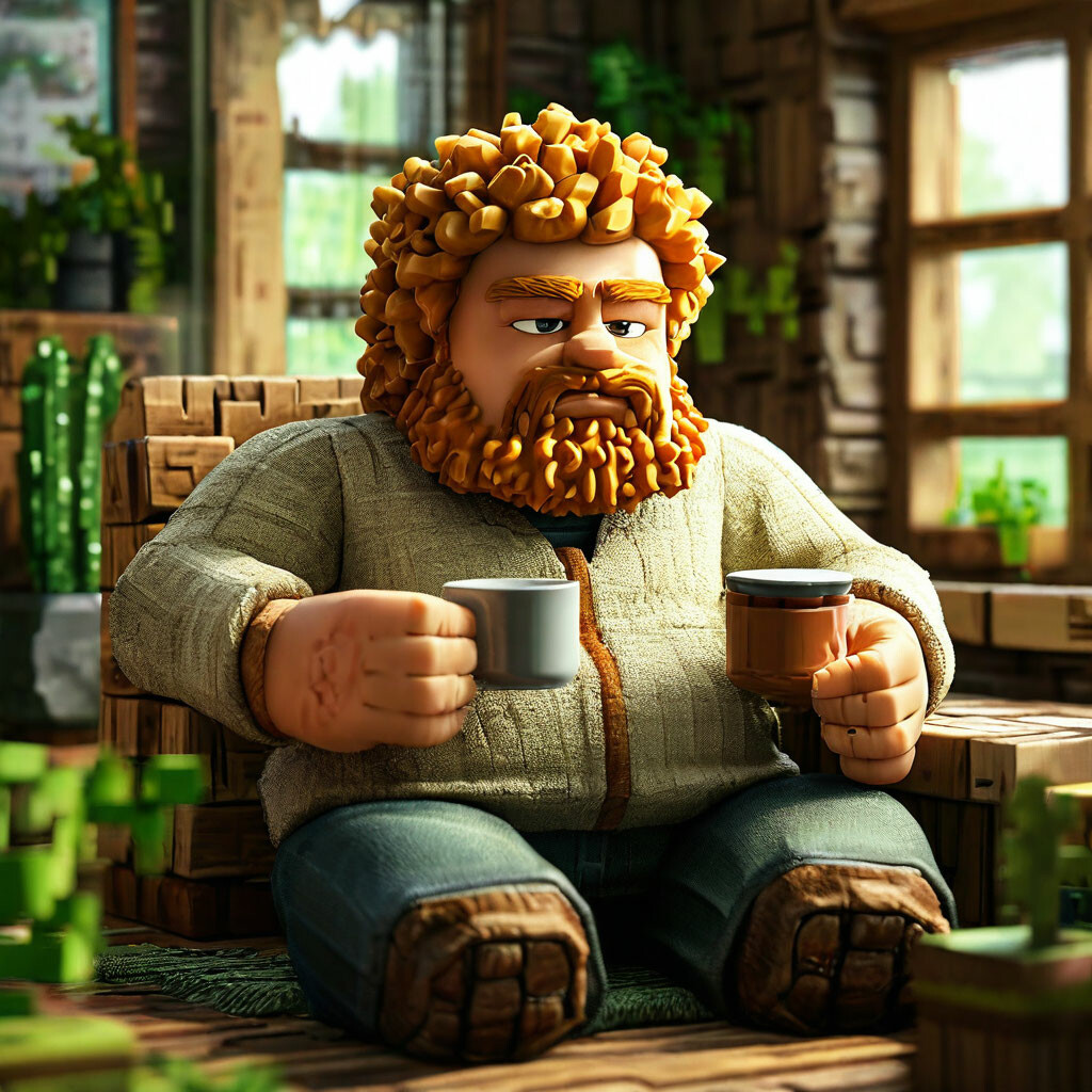 "A fat blond curly-haired man is sitting and drinking tea in a ...