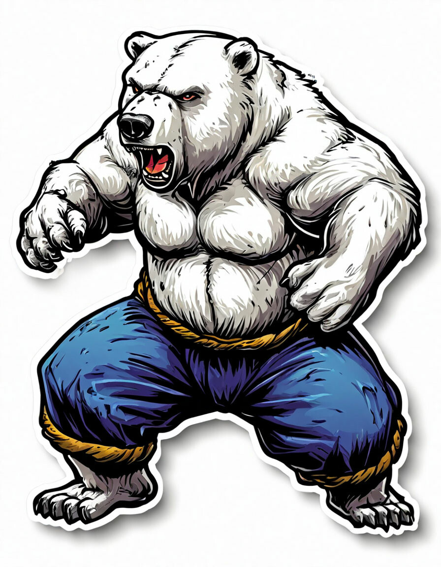 "Angry Polar Bear Sumo Wrestler Cartoon Style Applique Sticker Graffiti ...