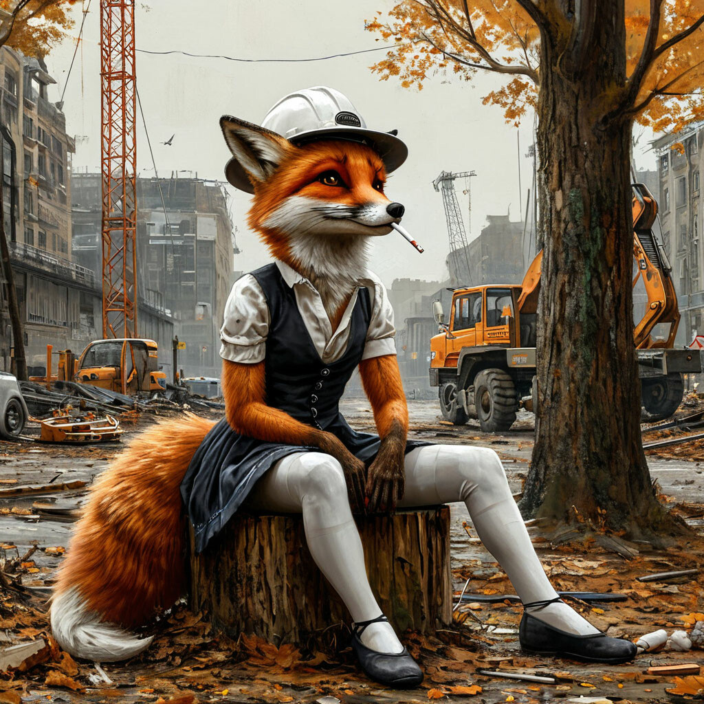 "A fox wearing a hard hat, pointe shoes and a ballet uniform, sitting ...