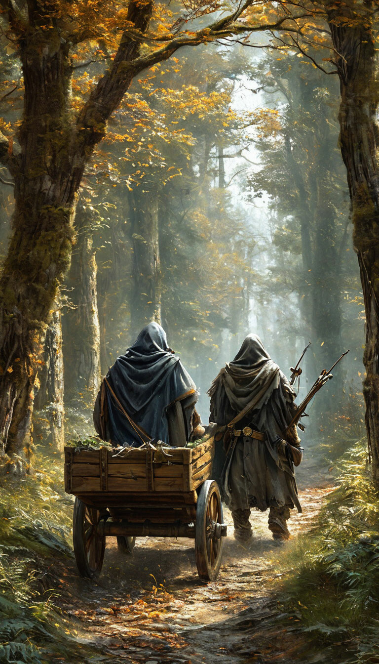 "Two mages in cloaks in a fantasy forest ride on a cart along a path ...