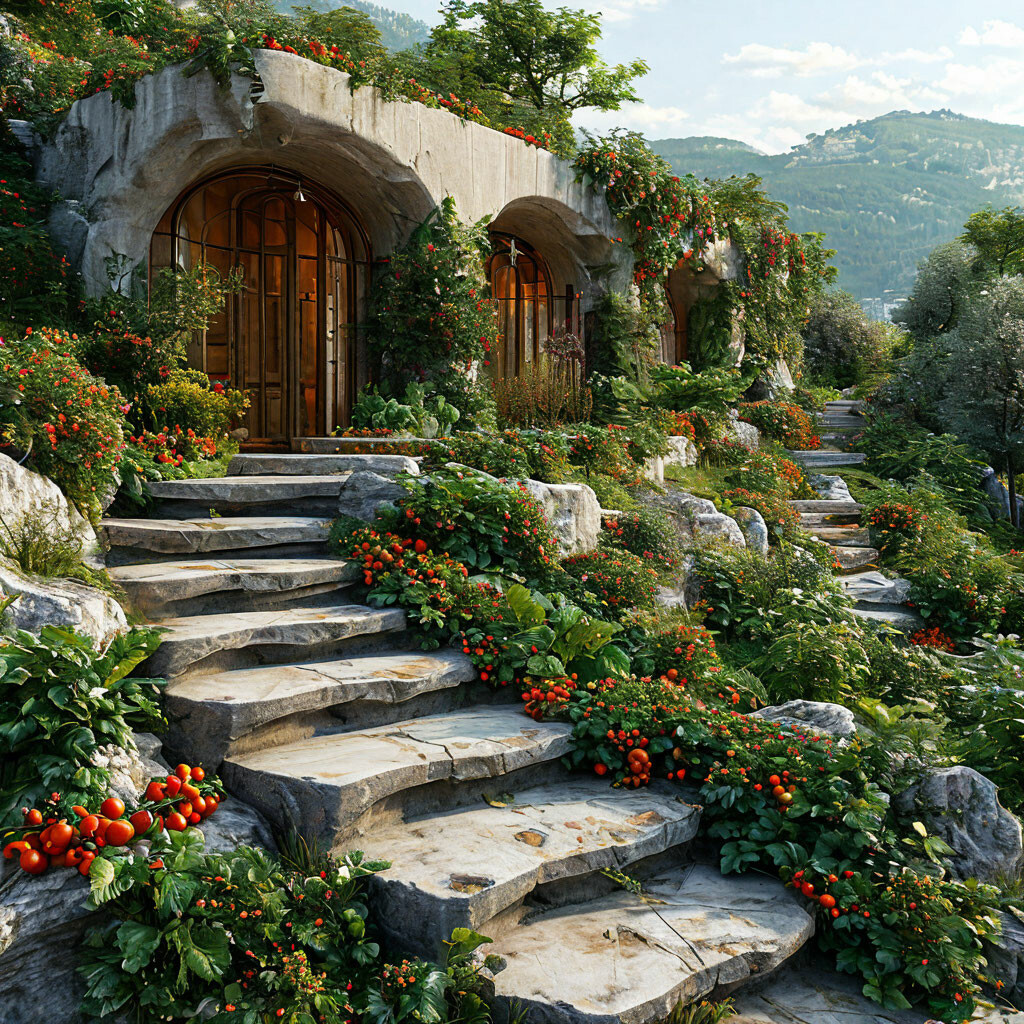 "Fantasy,futurism, magic fairy-tale garden on a slope,terraces, height ...