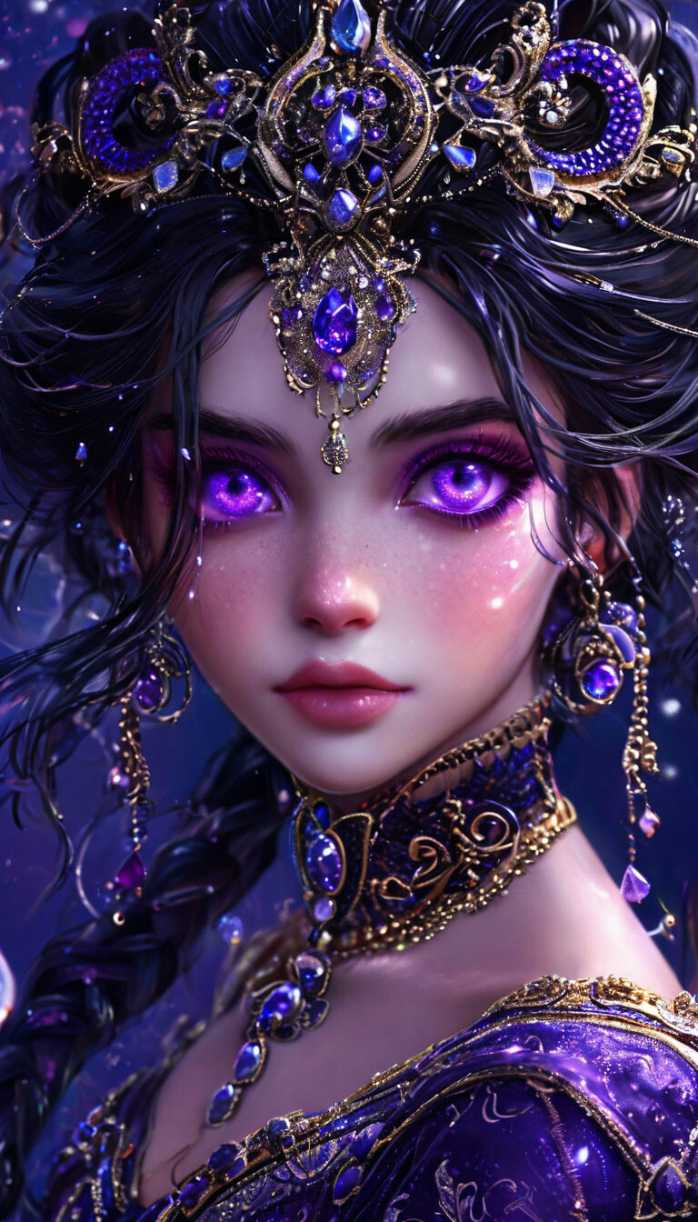 "A night princess, intricate jewelry, expressive purple eyes, an ...