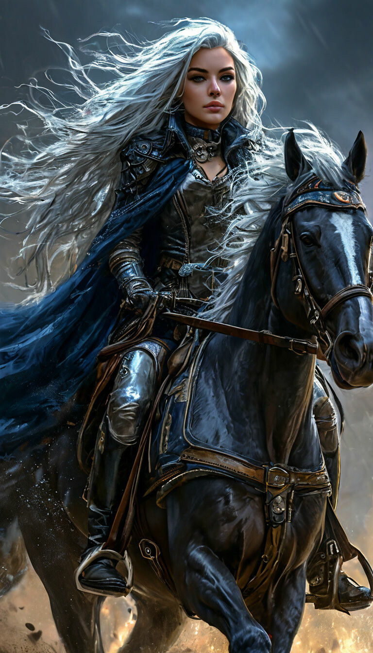 "My lady, long ashen hair, cyber punk on a horse, rushing through the ...