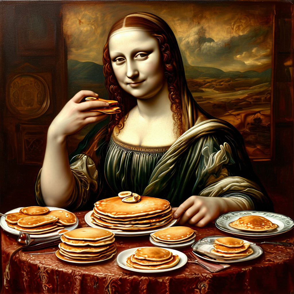 "Kriss hyper realistic. Surrealism "Mona Lisa" eats pancakes." — image ...