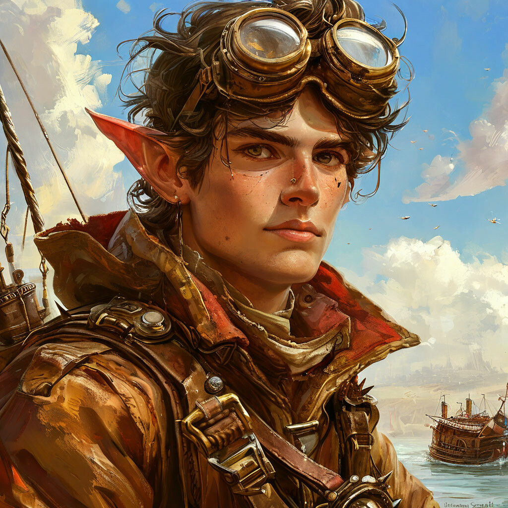 "Elf-airship pilot, steampunk, fantasy, young man" — image created in ...