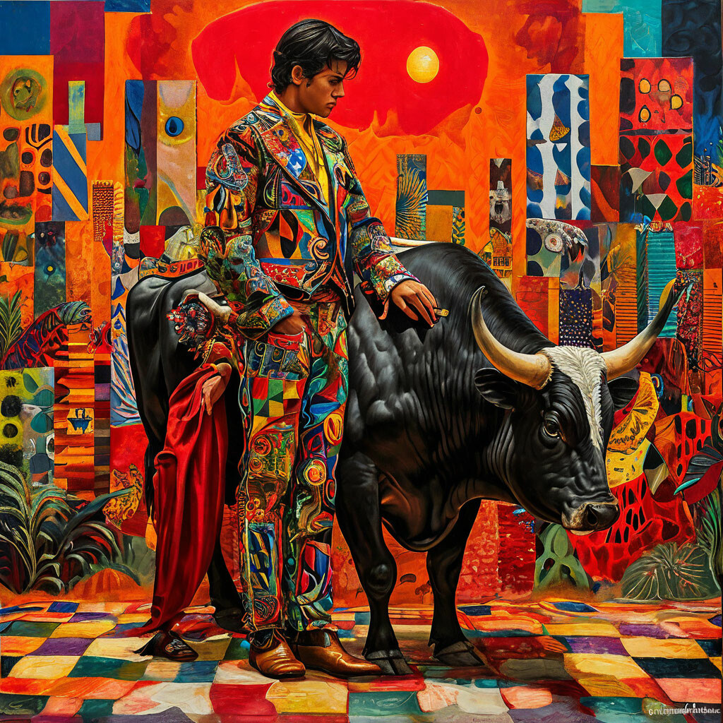 "A young matador stands over a defeated bull 50 shades of red in the ...