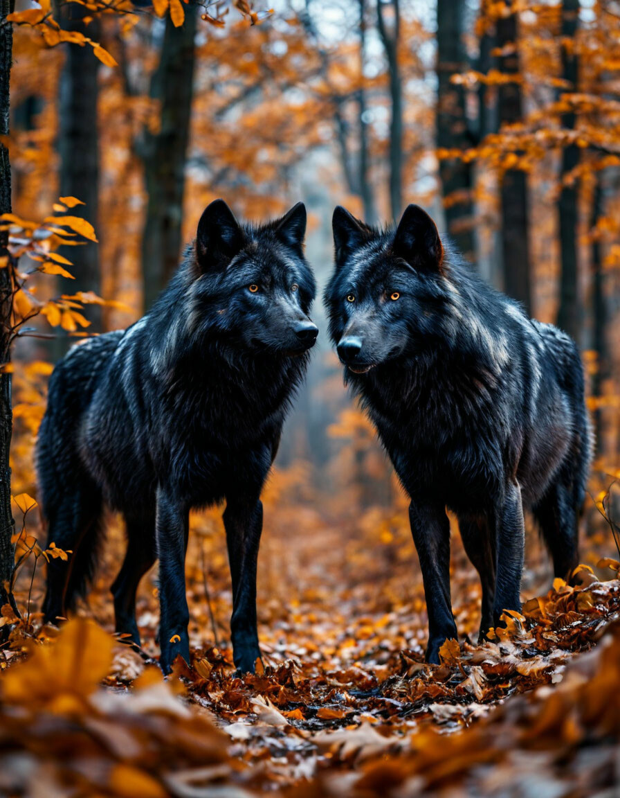 ". Two black wolves, autumn forest, …" — image created in Shedevrum