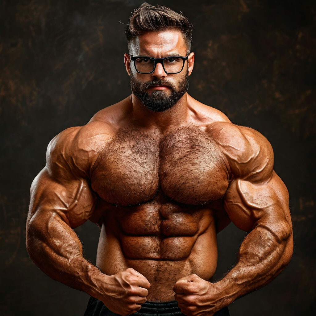 "A beefy man with glasses and huge …" — image created in Shedevrum