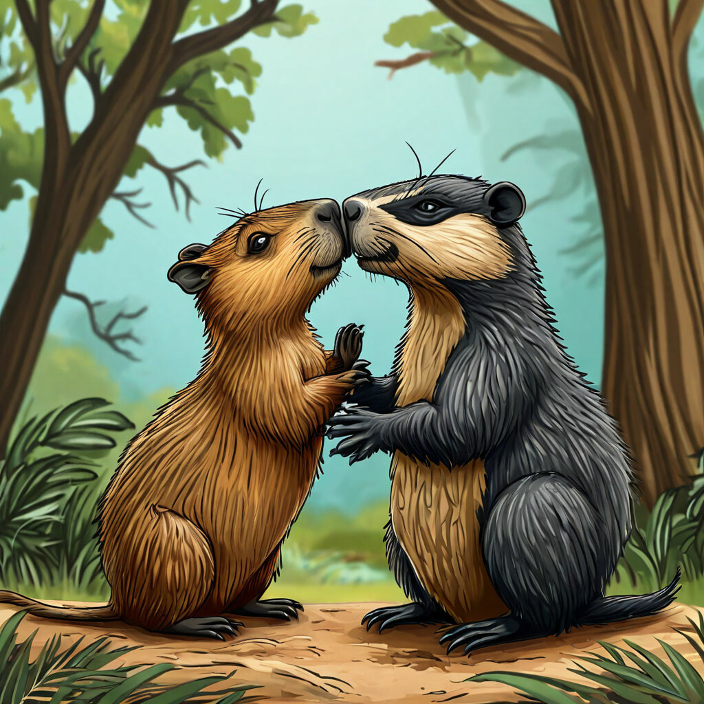 "The capybara kisses the badger. …" — image created in Shedevrum