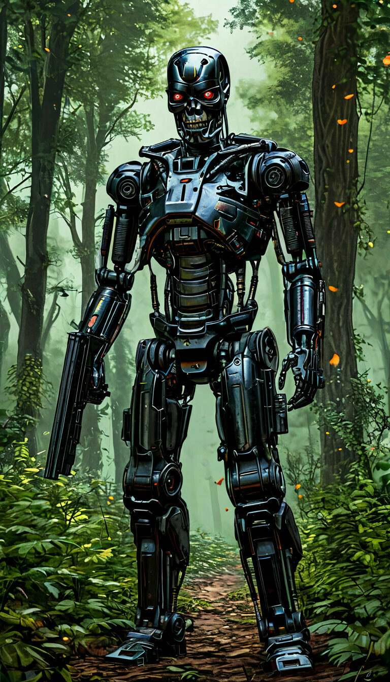 "Terminator T800 with a shotgun in the…" — image created in Shedevrum