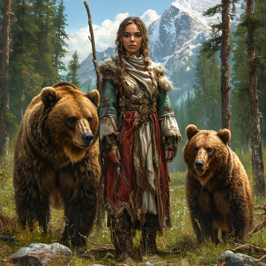 "A young woman, a northern shaman and a bear" — image created in Shedevrum