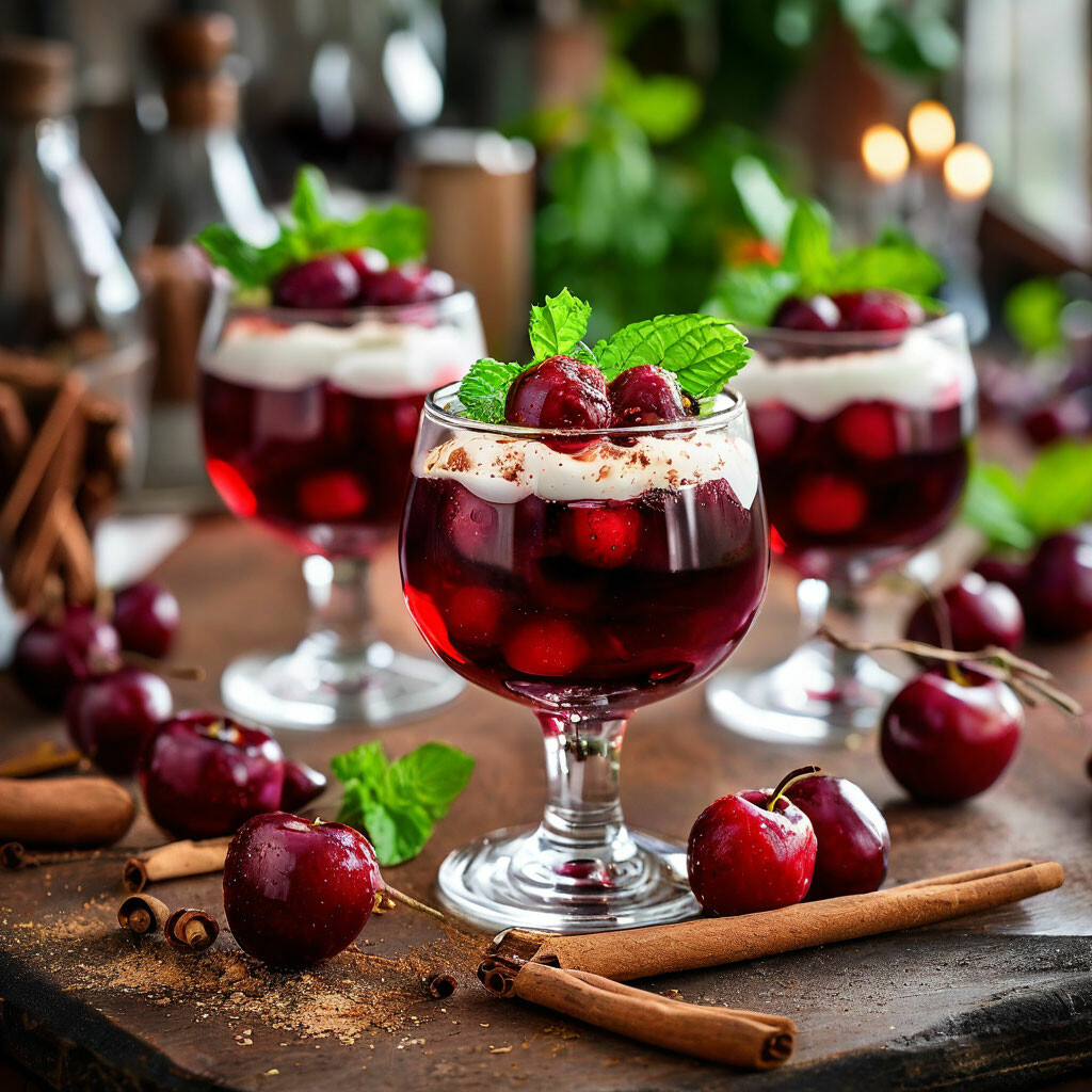 «Десерт из вишни с красным вином и …» — картинка создана в Шедевруме