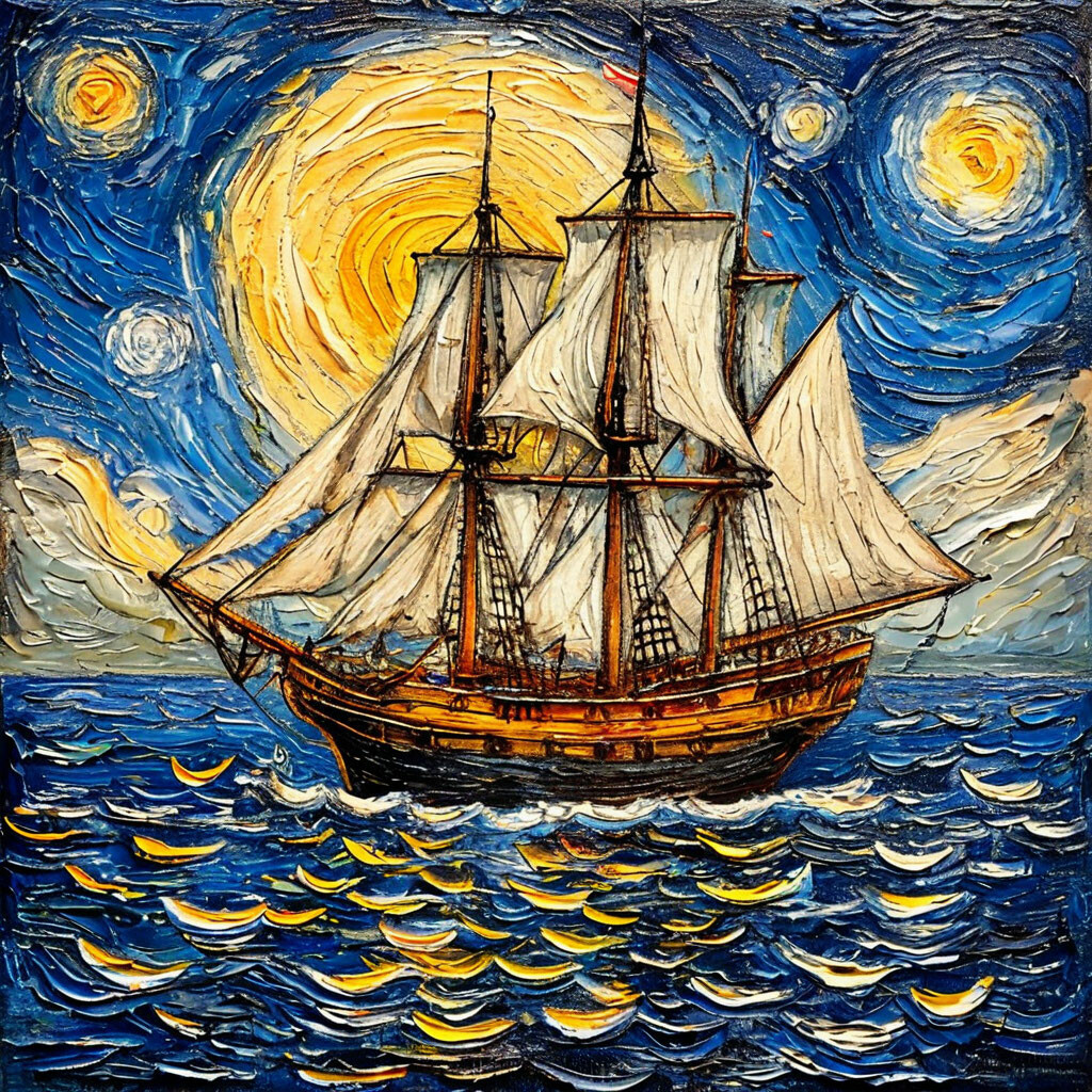"A sailing ship, in the style of Van …" — image created in Shedevrum