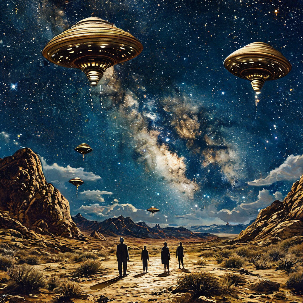 "Starry sky, men in black, aliens" — image created in Shedevrum