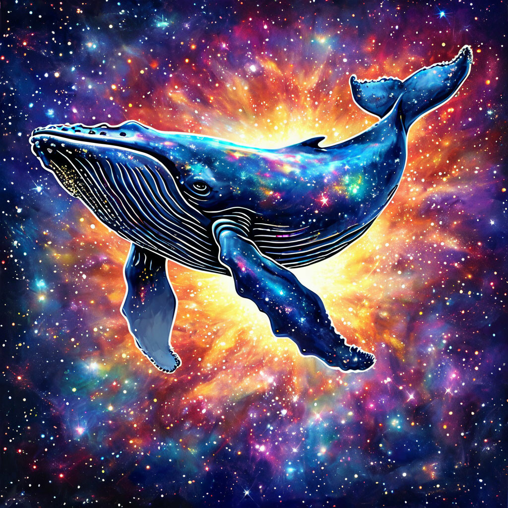 "Beautiful big A whale flies in space …" — image created in Shedevrum