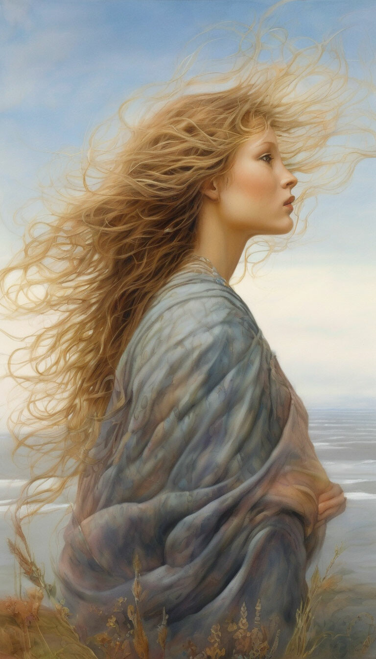 "Wind in the face, hair back portrait-…" — image created in Shedevrum